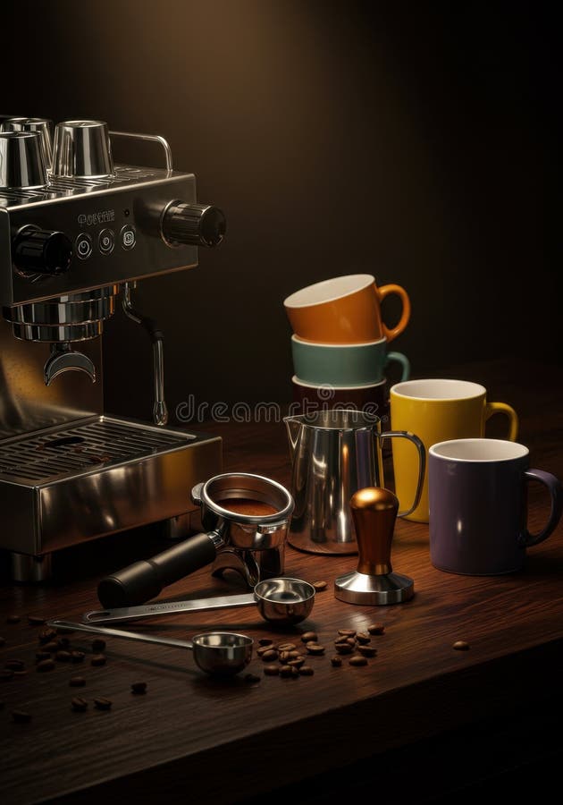 Espresso Machine with Colorful Cups and Coffee Beans on Dark Wooden ...