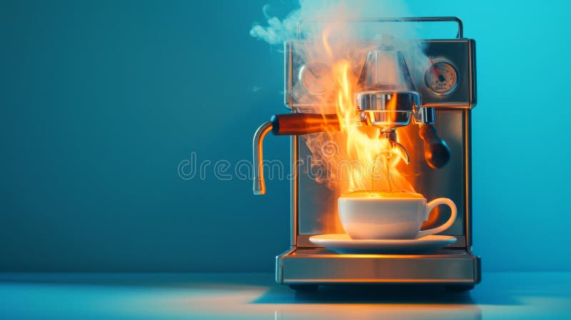 Espresso Machine Engulfed in Flames with Vibrant Blue Background Stock ...