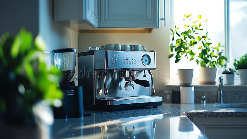 Espresso Machine on Kitchen Counter, Sunlight Stock Illustration ...