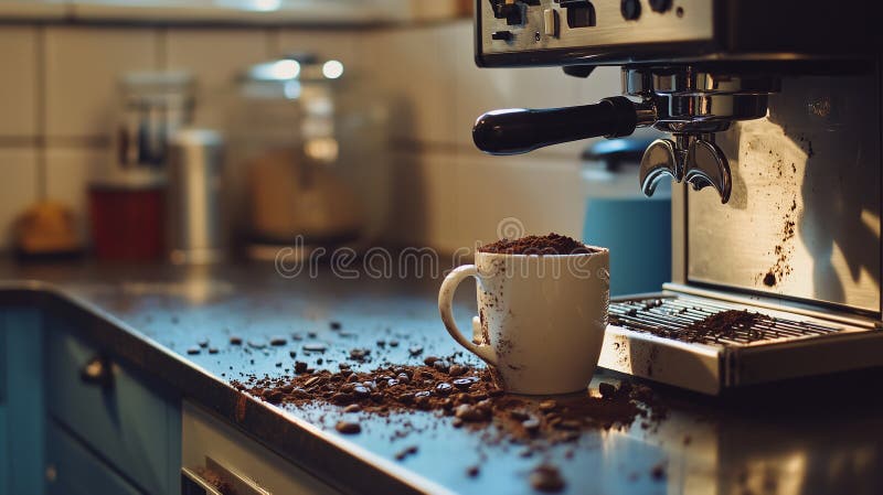 Espresso Machine on a Kitchen Countertop with a White Mug Overflowing ...