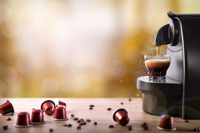 Espresso Machine Making Coffee on Wood Table Front View Stock Image ...