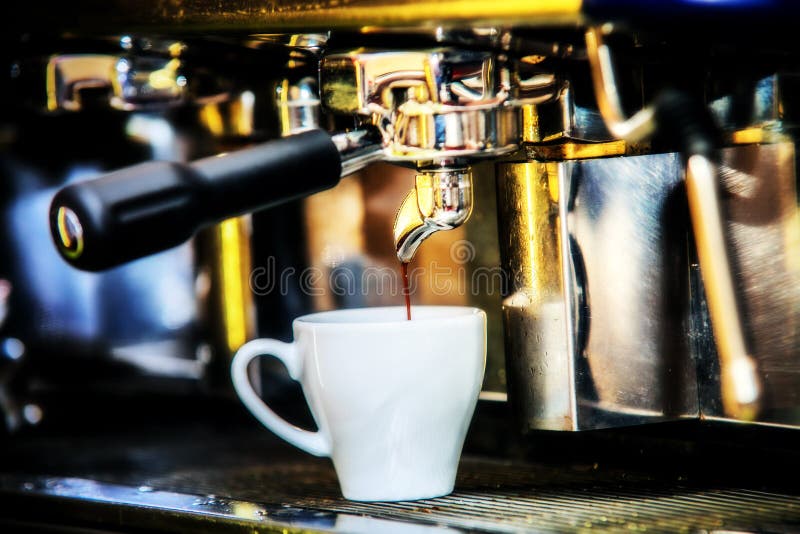 Espresso Machine Making Special Strong Coffee in White Glass Stock ...