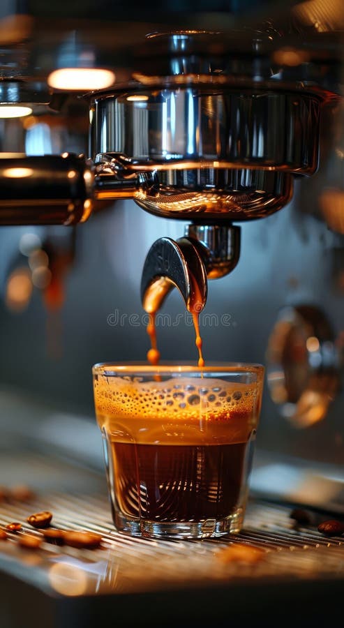 Espresso Machine Pouring Coffee into Glass Cup with Coffee Beans Stock ...