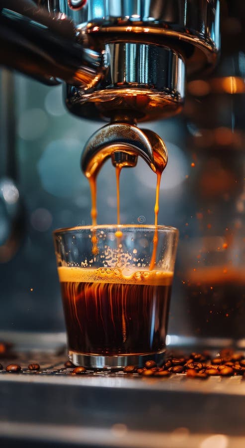 Espresso Machine Pouring Coffee into Glass Cup with Coffee Beans Stock ...
