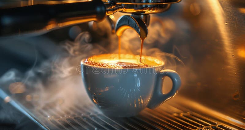 Espresso Machine Pouring Hot Coffee into a Cup with Steam Stock Photo ...