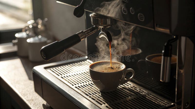 Espresso Machine Pouring Steaming Coffee into a Cup, Showcasing the ...