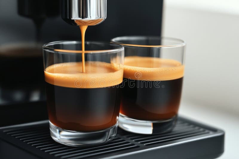 Espresso Pouring into Glasses from a Coffee Machine in a Bright Kitchen ...