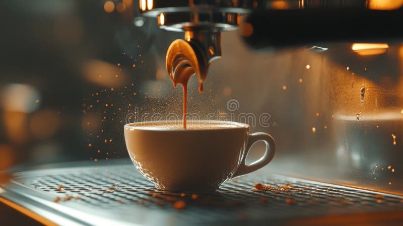 Espresso Pouring from a Machine into a White Cup Stock Photo - Image of ...
