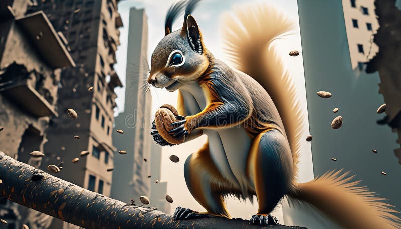 Esquilo Com Noz Numa Cidade Deserta Ilustração Stock - Ilustração de ...