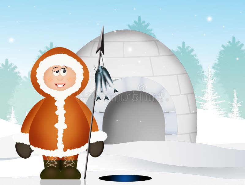 Esquimó e iglu ilustração stock. Ilustração de neve - 127960580