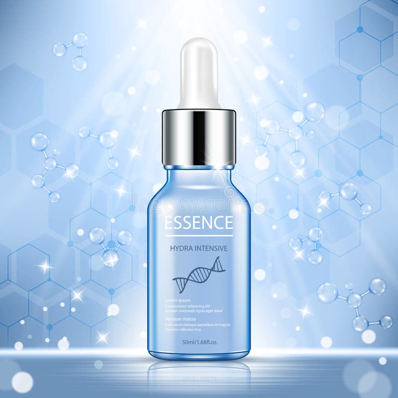 Essence Bottle with Blue Molecules and Glitter Elements on the ...
