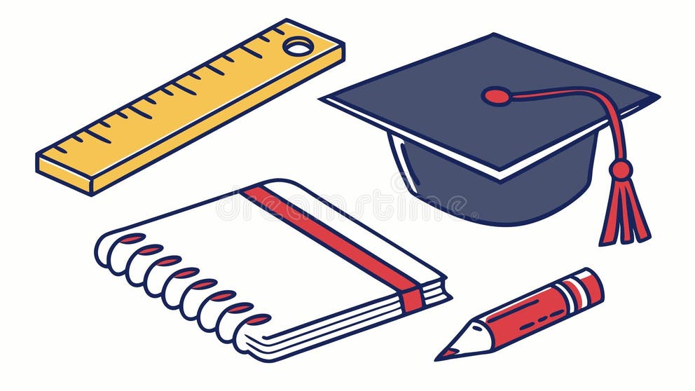 Essential Academic Tools for Graduation, Books, Cap, Ruler, Vector ...