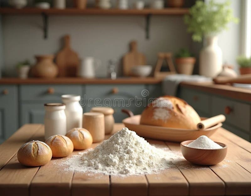 Essential Baking Ingredients and Tools Arranged on the Kitchen Table ...