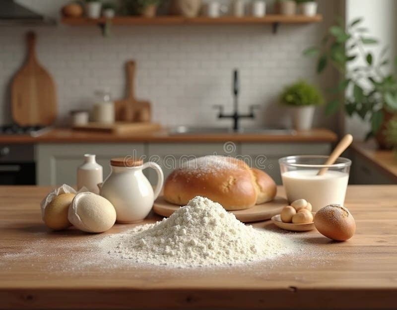 Essential Baking Ingredients and Tools Arranged on the Kitchen Table ...