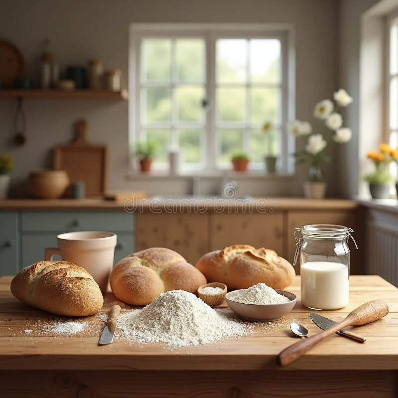 Essential Baking Ingredients and Tools Arranged on the Kitchen Table ...