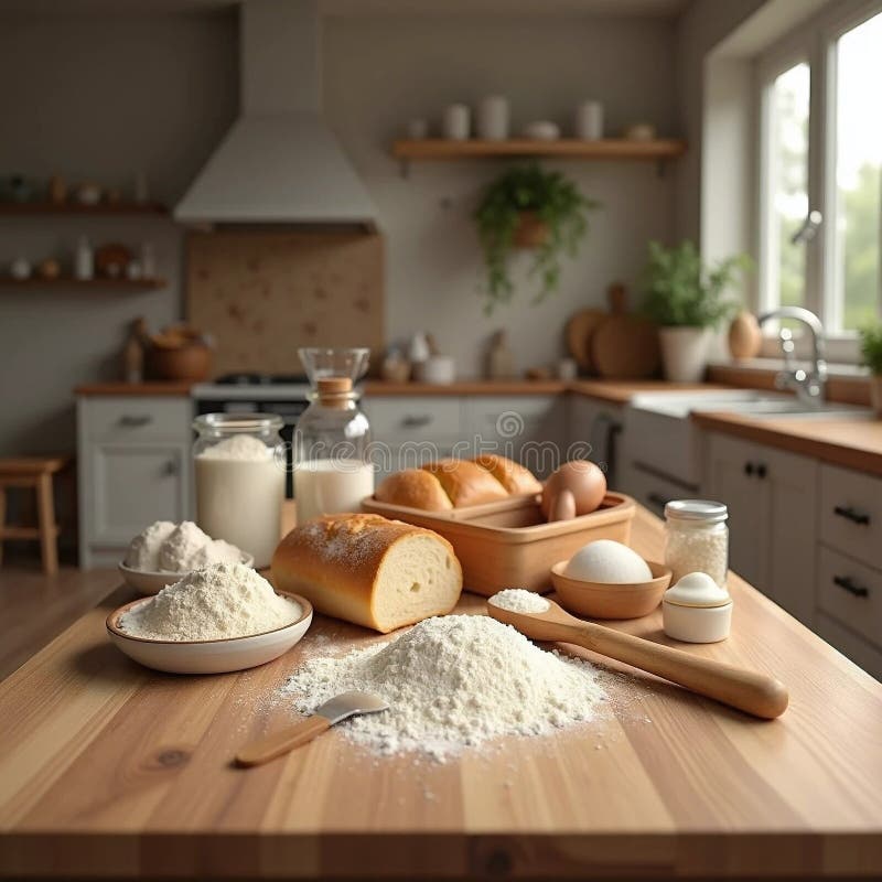 Essential Baking Ingredients and Tools Arranged on the Kitchen Table ...