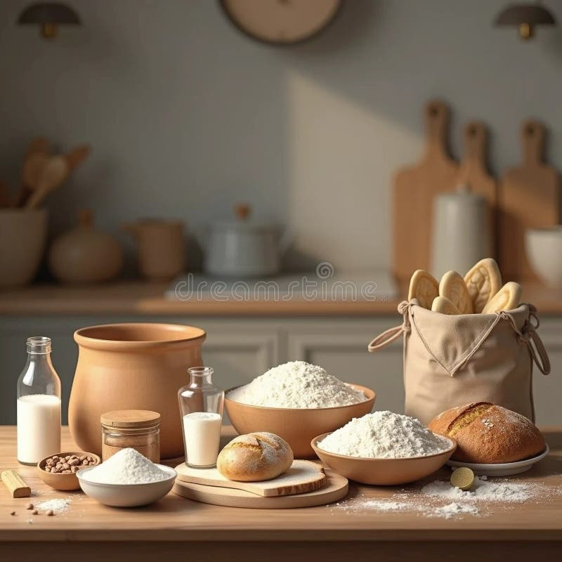 Essential Baking Ingredients and Tools Arranged on the Kitchen Table ...