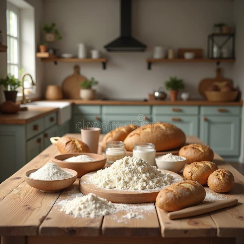Essential Baking Ingredients and Tools Arranged on the Kitchen Table ...
