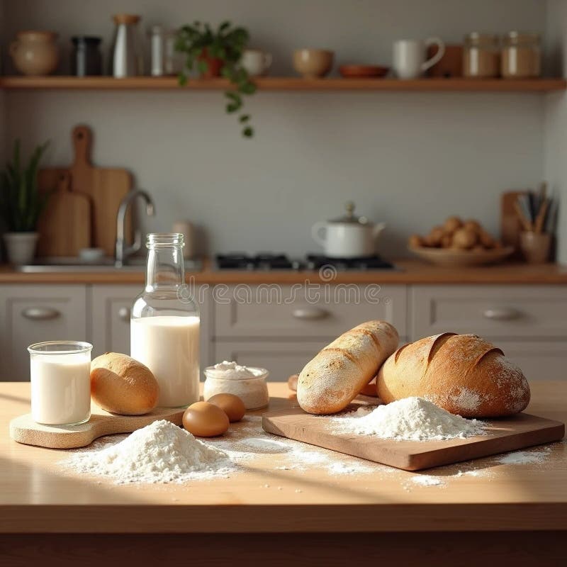 Essential Baking Ingredients and Tools Arranged on the Kitchen Table ...