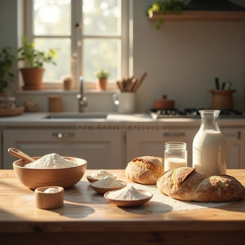 Essential Baking Ingredients and Tools Arranged on the Kitchen Table ...