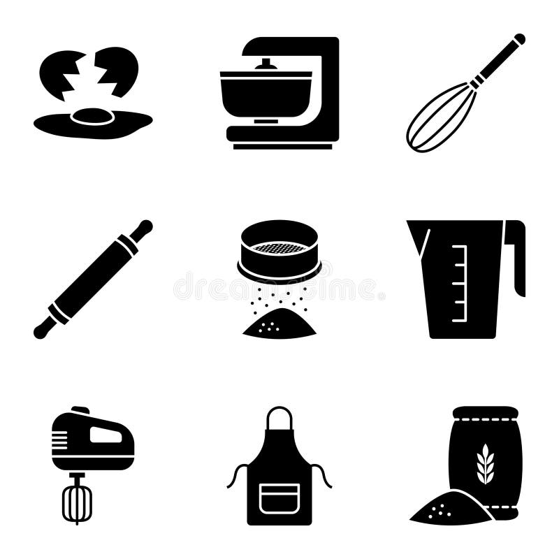 Essential Baking Kitchen Utensils and Ingredients Silhouette Icons Set ...