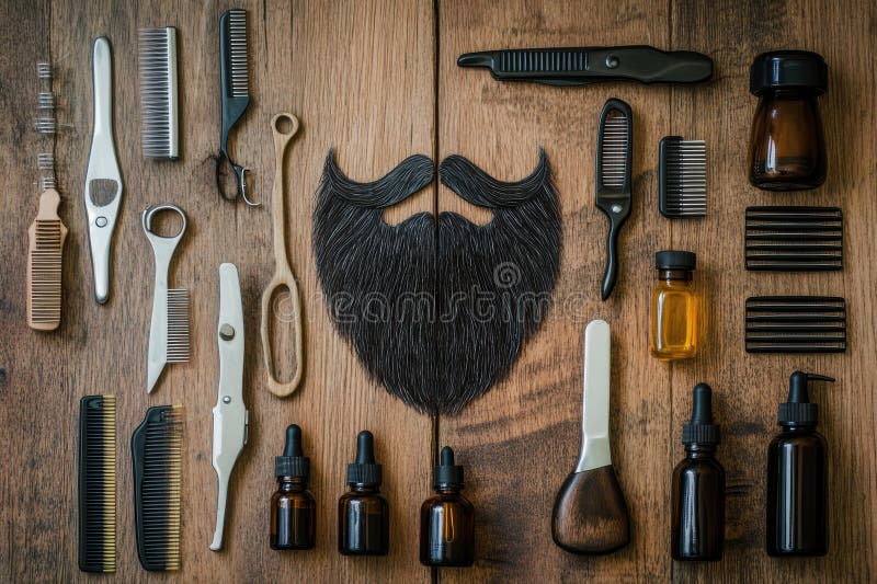 Essential Beard Grooming Tools Arranged Neatly on a Wooden Surface with ...