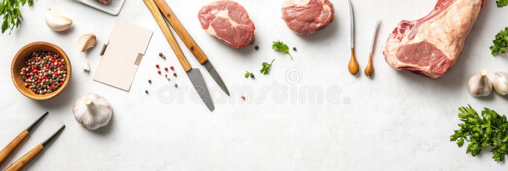 Essential Butchery Tools and Meat Cuts Elegantly Arranged in a ...
