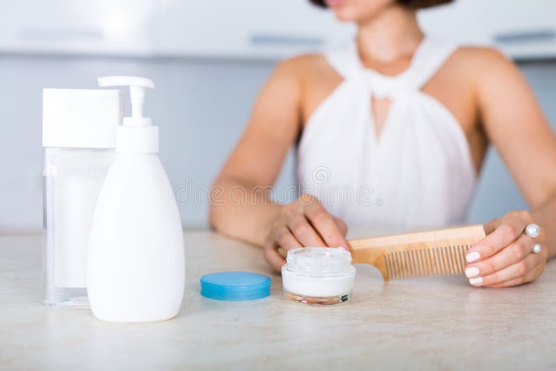Essential Cosmetics on a Table Stock Image - Image of feminine ...