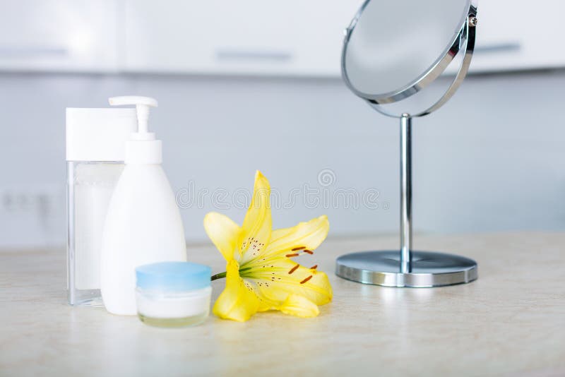 Essential Cosmetics on a Table Stock Image - Image of health, fashion ...