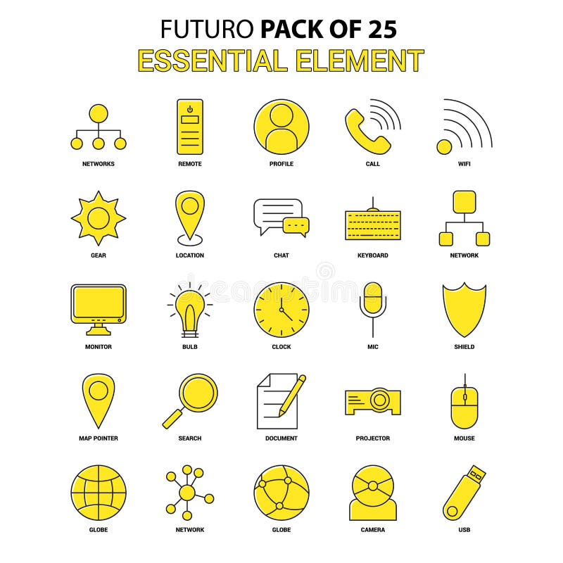 Essential Element Icon Set. Yellow Futuro Latest Design Icon Pac Stock ...