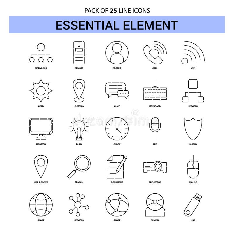 Essential Element Line Icon Set - 25 Dashed Outline Style Stock Vector ...
