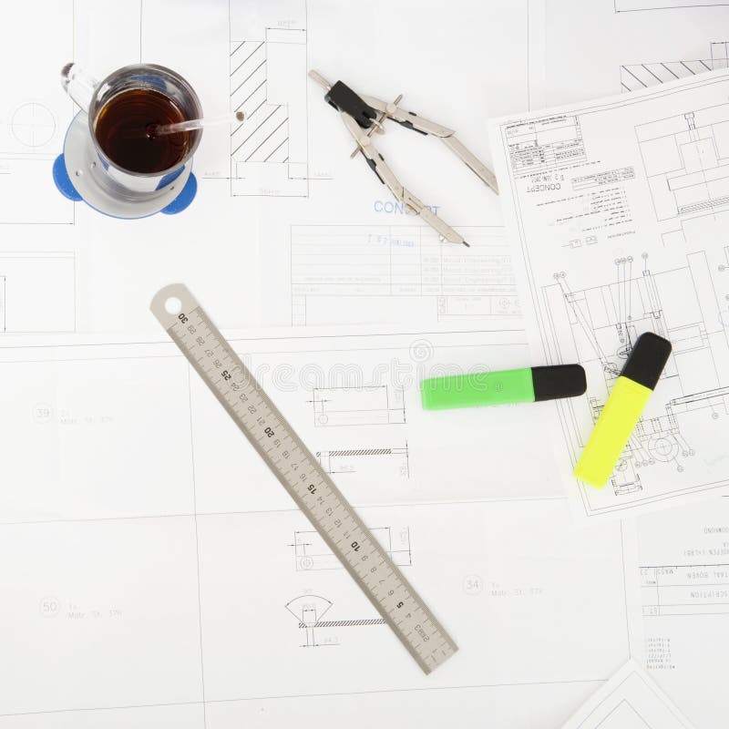 Engineering Drawings with Drafting Pencil, Highlighters and Measuring ...