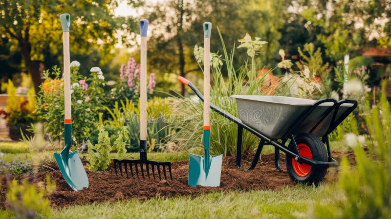 Essential Gardening Tools in Use for Landscaping Projects, Surrounded ...