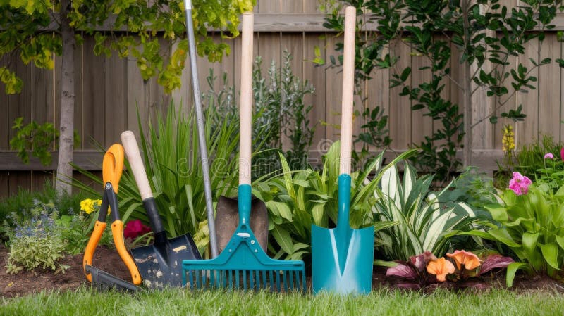 Essential Gardening Tools in Use for Landscaping Projects, Surrounded ...