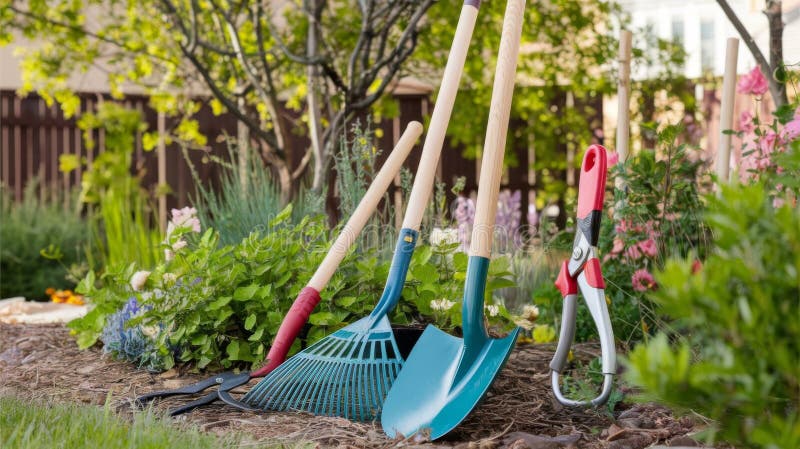 Essential Gardening Tools in Use for Landscaping Projects, Surrounded ...