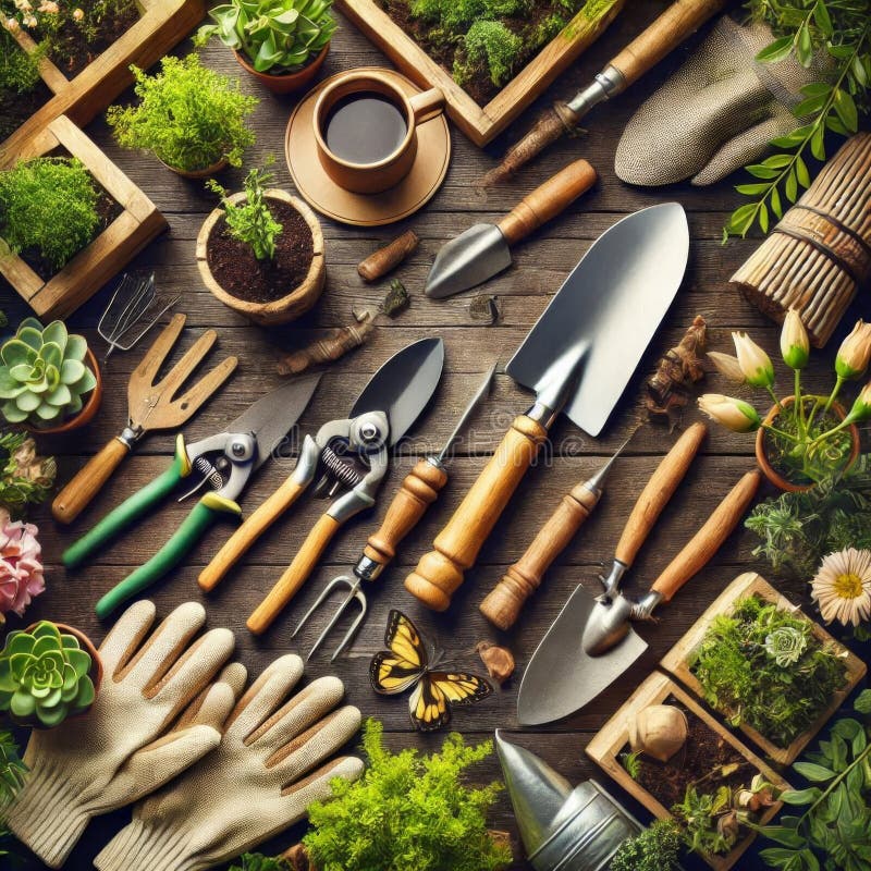 Essential Gardening Tools in Use for Landscaping Projects, Surrounded ...