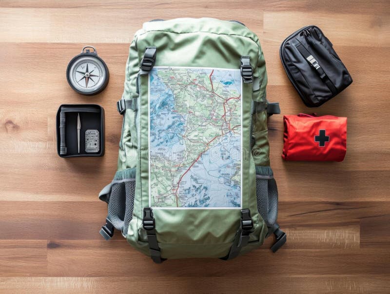 Essential Hiking Gear, Backpack, Compass, First Aid Kit, and Map Stock ...