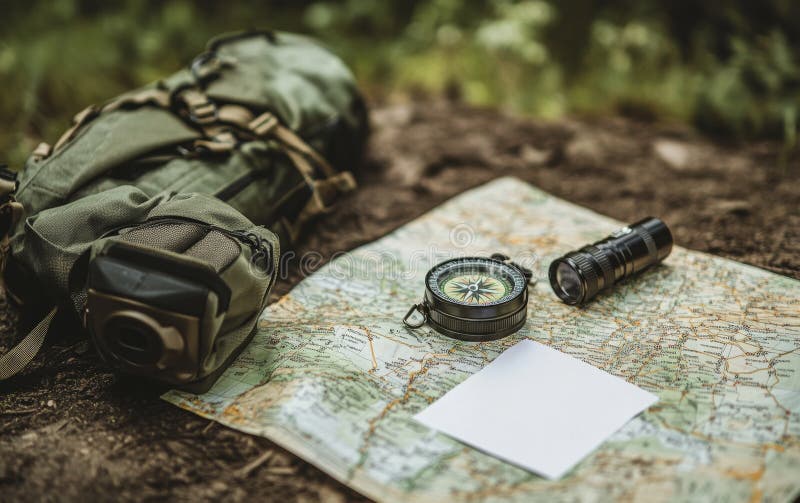 Essential Hiking Gear Including Backpack, Map, Compass, and Flashlight ...