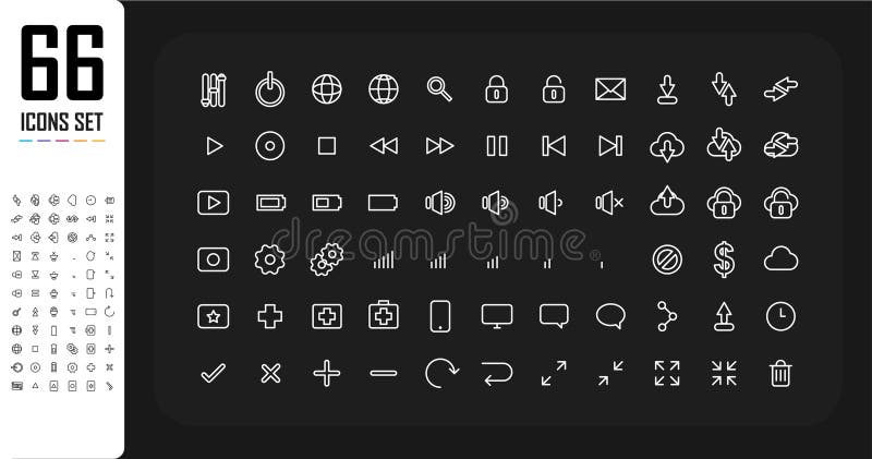 66 Essential Icons Set in Dark Style. Stock Vector - Illustration of ...