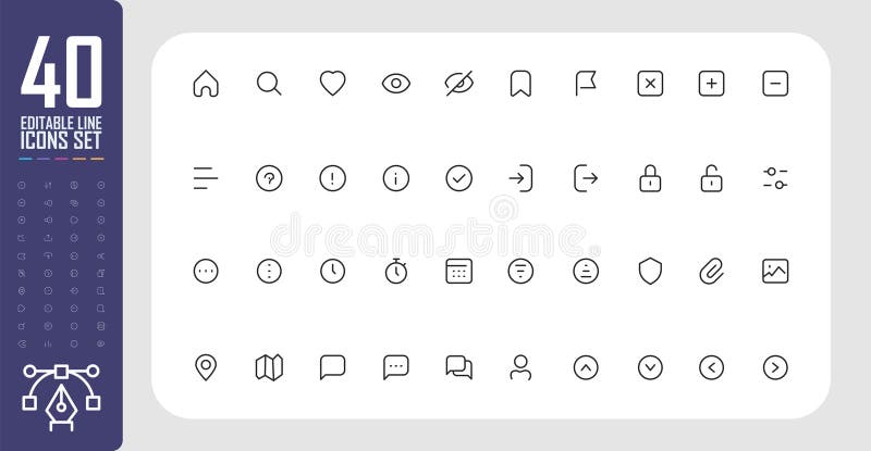 40 Essential Icons Set in Light Style. Stock Vector - Illustration of ...