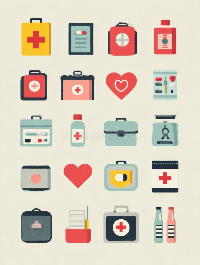 Essential Items for a First Aid Kit Depicted with Simple Medical Icons ...