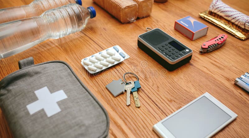 Necessities Prepared for Emergency Backpack Stock Image - Image of keys ...