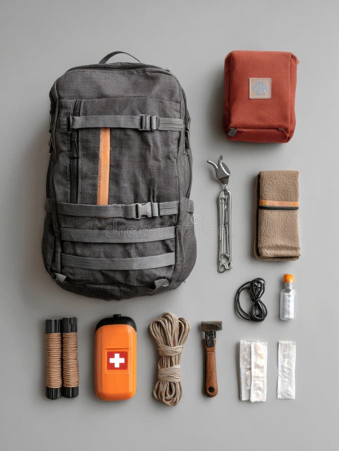 Essential Items for a Well-Prepared Emergency Backpack on a Neutral Background in a Flat Lay ...