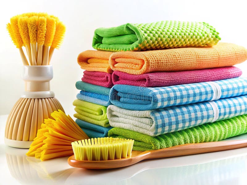Essential Kitchen Cleaning Tools Bright Pristine Brushes and Towels for ...