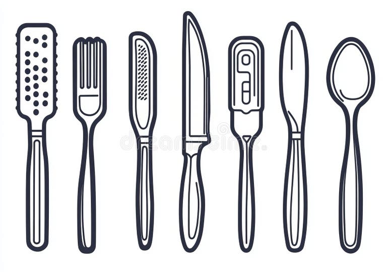 Essential Kitchen Tools Icon Set Features a Linear Style Utensils ...