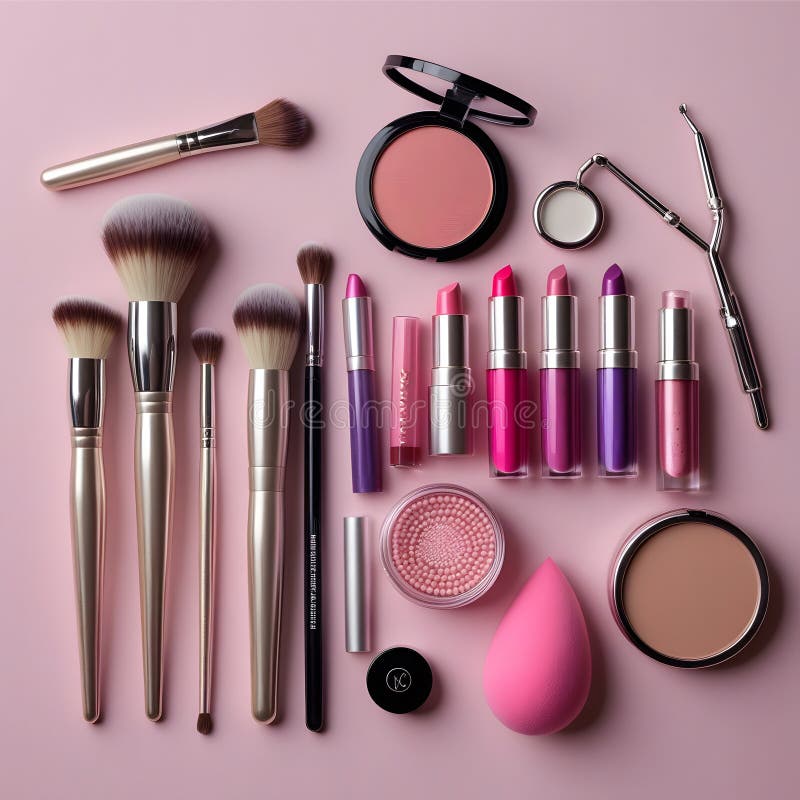 Essential Makeup Tools Brushes and Lipsticks Collection Stock ...