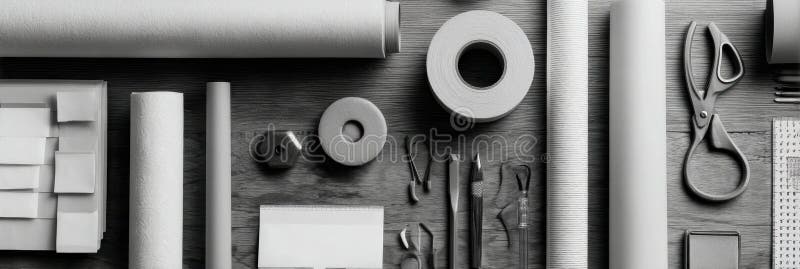 Essential Monochrome Wrapping Tools Arranged Neatly on a Desk for ...