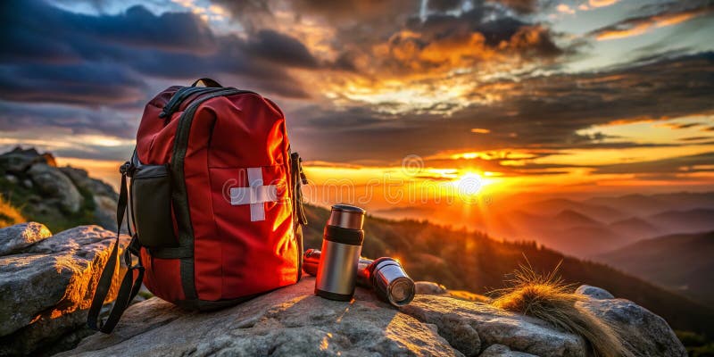 Essential Mountain Survival Kit Red Backpack First Aid Flashlight and ...