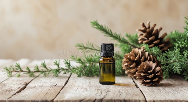 Essential Oil Bottle with Pine Cones and Greenery on Rustic Wooden ...