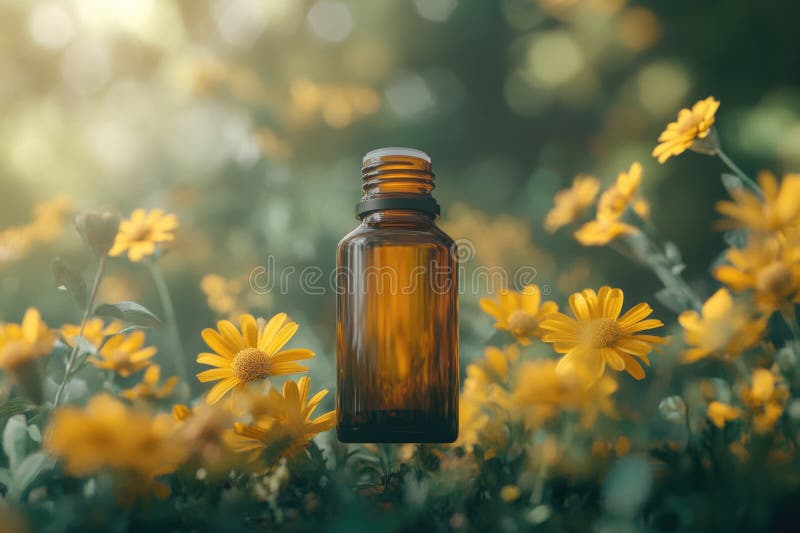 Essential Oil Bottle in Yellow Flowers Stock Photo - Image of garden ...